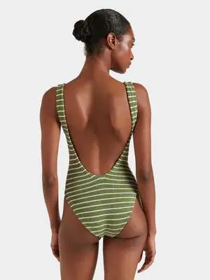 Hunza G Square Neck One Piece Swimsuit - Metallic Moss/white Stripe