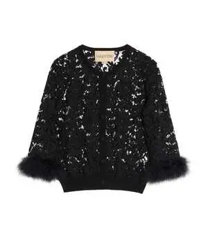 Valentino Garavani Lace Feather-trim Cardigan - Black