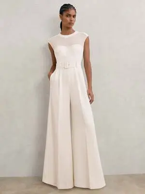 REISS Alba Sheer-panel Belted Jumpsuit - Ivory