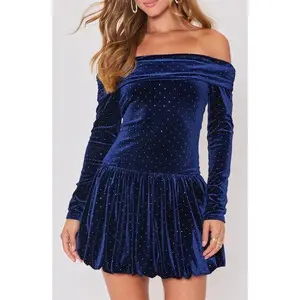 VICI Off The Shoulder Long Sleeve Velvet Mini Dress - Navy