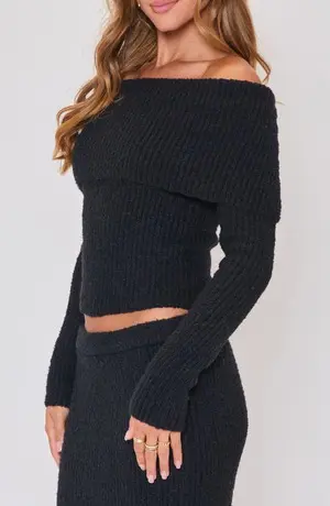 VICI Ruby Foldover Off-the-shoulder Ribbed Sweater - Black