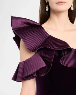 Rickie Freeman For Teri Jon One-shoulder Ruffle Velvet Gown - Plum