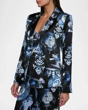 L & APOS;AGENCE L'agence Porcelain Print Silk Blazer - Black/blue