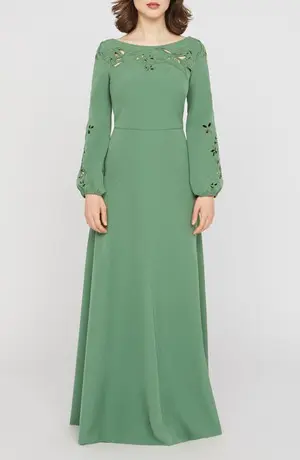 KAY UNGER Valentina Embroidered Long Sleeve Gown