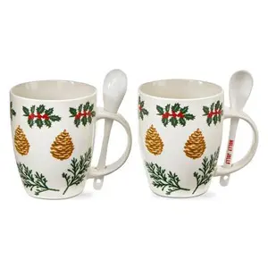 TAG Pine Cone Sprig Mug With Spoon12oz Bone China Drinkware - Multicolored