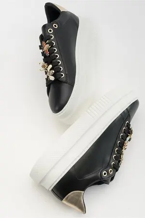 PROLOGUE SHOES Embellished Leather Sneakers - Black Faux Leather
