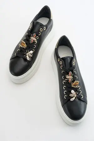 PROLOGUE SHOES Embellished Leather Sneakers - Black Faux Leather