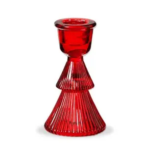 TAG Glass Ribbed Taper Candle Holder For Christmas Decor - Red