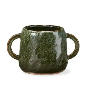 TAG Handled Small Ceramic Planter Pot Easy To Clean Decor - Green