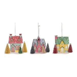 CAROL & FRANK Boho Christmas Houses Ornament Set Of 3 - Green