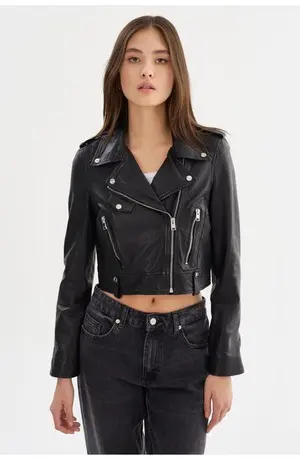 LAMARQUE Ciara Cropped Leather Biker Jacket - Black