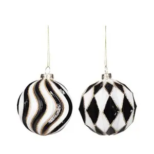 CAROL & FRANK White Glass Set Of 2 Christmas Round Bulb Ornaments - Black