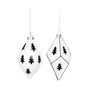 CAROL & FRANK Black & Tree Pattern Ornament Set Of 2 - White