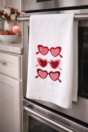 C&F HOME Heart Glasses Embroidered 100% Cotton Flour Sack Valentine's Day Dishtowel
