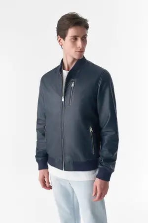 FURNIQ UK Leather Bomber Jacket - Blue