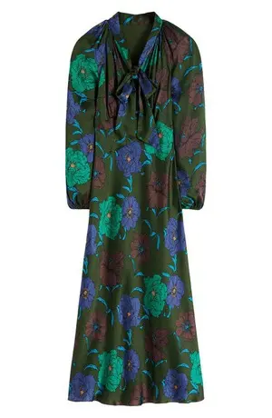 Boden Tie Neck Long Sleeve Satin Midi Dress In Green Fir Peony Bloom - 45%  Off | Editorialist