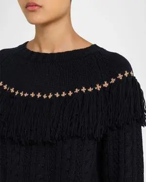 The Upside Clara Tassel Cable Knit Crewneck Sweater Navy