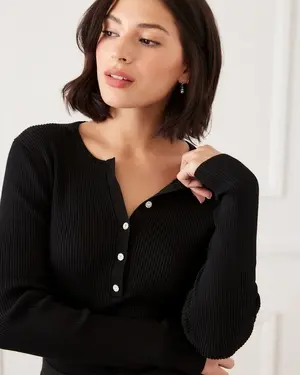 Karen Kane Henley Ribbed Knit Sweater - Black