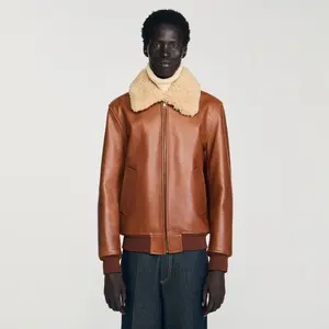 Sandro Leather Jacket With Shearling Collar
