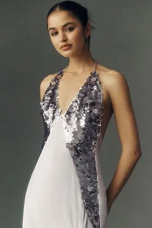 Bardot Yve Sequin Satin Halter Dress - Ice Blue