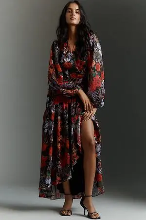 HUTCH Marianne Belted Velvet Wrap Maxi Dress - Pink Floral