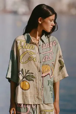 CELANDINE Short-sleeve Linen Blend Buttondown Shirt
