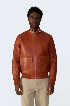 FURNIQ UK Rafe Leather Bomber Jacket - Mocha Mousse