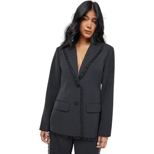 WAREHOUSE Oversized Lace Frill Trim Blazer - Black