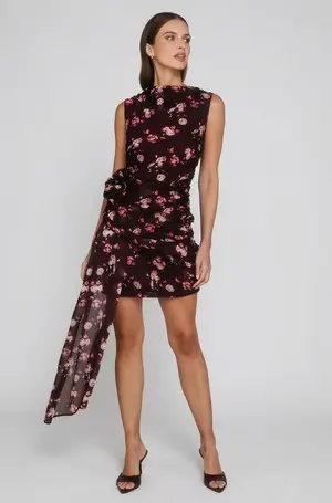 SIX STORIES Floral Coursage Ruched Mini Dress