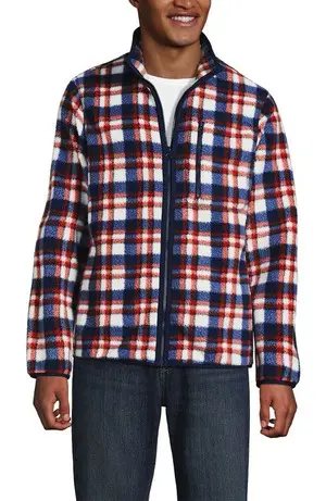 LANDS' END Full Zip High Pile Fleece Jacket - Navy/bourbon Plaid