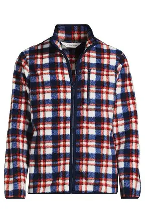 LANDS' END Full Zip High Pile Fleece Jacket - Navy/bourbon Plaid