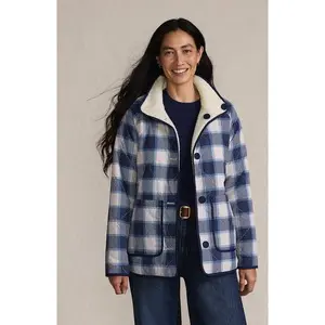 LANDS' END Reversible Mixed Media Long Jacket - Ivory/navy Check
