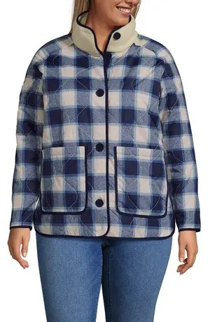 LANDS' END Reversible Mixed Media Long Jacket - Ivory/navy Check