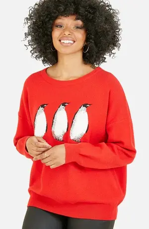 YUMI Penguin Embellished Knitted Jumper - Red