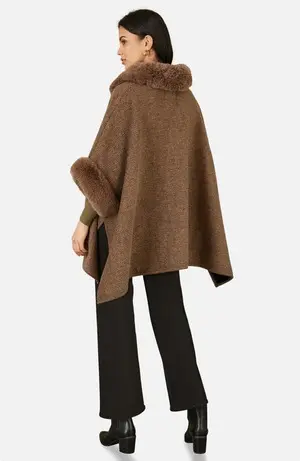 YUMI Fur Collared Cape Jacket - Brown