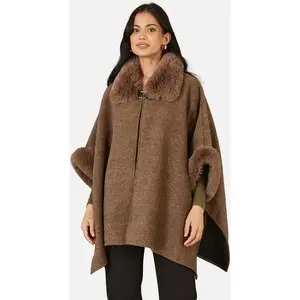 YUMI Luxe Fur Collared Cape Jacket - Brown