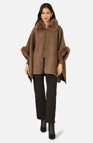 YUMI Fur Collared Cape Jacket - Brown