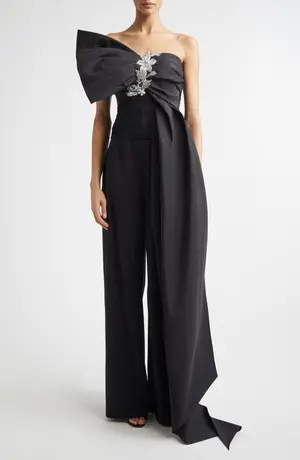 Oscar De La Renta Crystal Embroidered Bow Faille Bustier Top