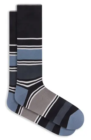 Bugatchi Stripe Mercerized Cotton Blend Dress Socks Black