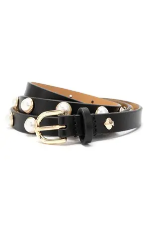 Kate Spade New York Faux Pearl Studded Leather Belt - Black