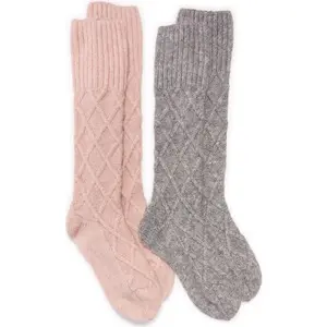 MUK LUKS Lattice-stitch Crew Socks Set Of Two - Pink-grey