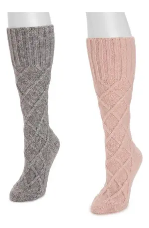 MUK LUKS Lattice-stitch Crew Socks Set Of Two - Pink-grey