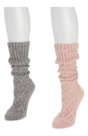 MUK LUKS Lattice-stitch Crew Socks Set Of Two - Pink-grey