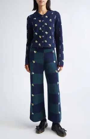 YANYAN Daisy Embroidered Checkerboard Lambswool Pants