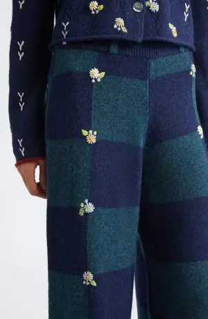 YANYAN Daisy Embroidered Checkerboard Lambswool Pants