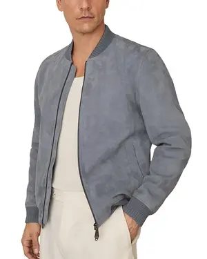 REISS Burnham Long Sleeved Suede Bomber Jacket - Denim Blue