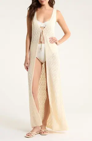 Elan Sleeveless Tie Front Pointelle Cover-up - Natural