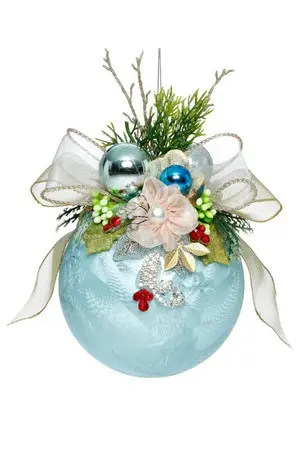 MARK ROBERTS Floral Jeweled Ball Ornament, Frosted - Frosted Light Blue