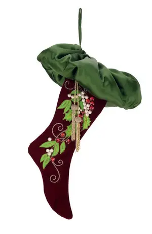 MARK ROBERTS Mistletoe And Holly Stocking - Burgundy