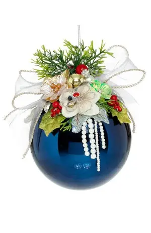 MARK ROBERTS Floral Jeweled Ball Ornament, Shiny - Shiny Dark Blue